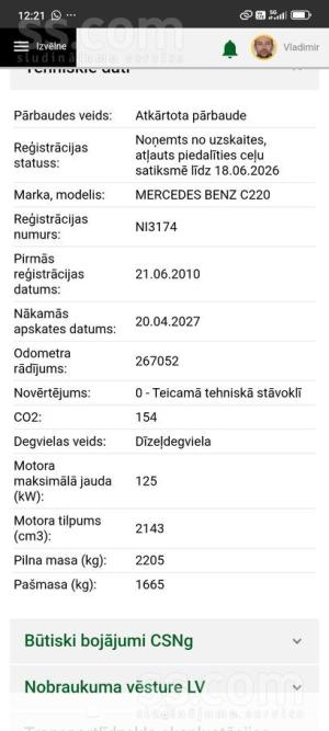 Черный Мерседес Ц 220 2010 в Рига, объемом двигателя 2.20 л и пробегом 265 тыс. км за 4450 €, фото 10 на AUTOMOTO.COM.LV