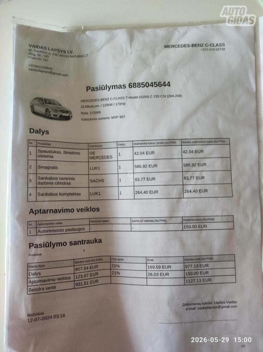 Мерседес Ц 220 2008 в Мажейкяй, объемом двигателя 2.20 л и пробегом 304 тыс. км за 2350 €, фото 21 на AUTOMOTO.COM.LV