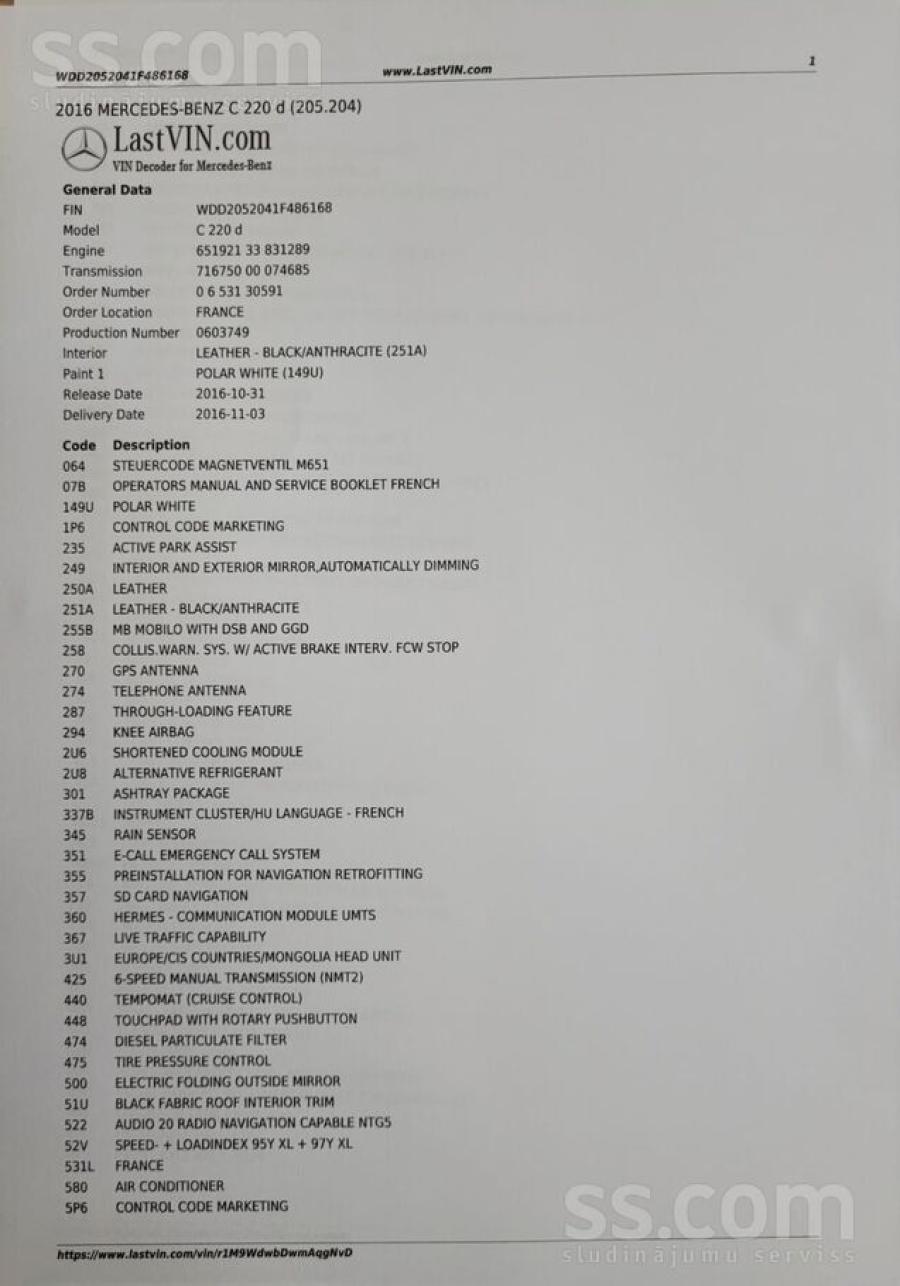 Белый Мерседес Ц 220 2016 в Даугавпилс, объемом двигателя 2.20 л и пробегом 239 тыс. км за 12000 €, фото 17 на AUTOMOTO.COM.LV