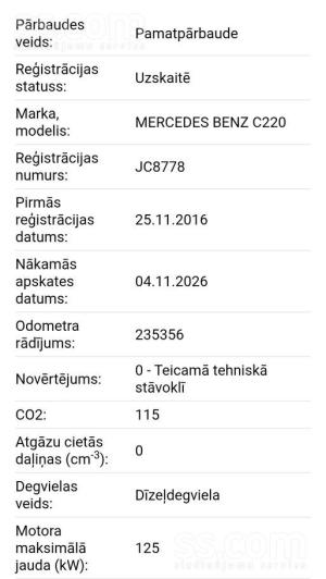 Белый Мерседес Ц 220 2016 в Даугавпилс, объемом двигателя 2.20 л и пробегом 239 тыс. км за 12000 €, фото 19 на AUTOMOTO.COM.LV