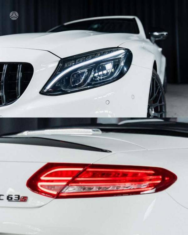 White Mercedes-Benz C 63 AMG 2017 in Vilnius, with an engine capacity of 3.98 L and mileage of 48 thousand km for 49999 €, photo 8 on AUTOMOTO.COM.LV