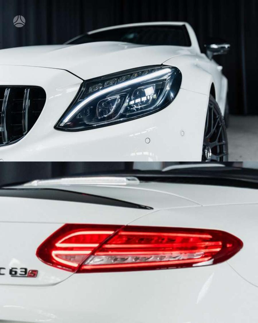 White Mercedes-Benz C 63 AMG 2017 in Vilnius, with an engine capacity of 3.98 L and mileage of 48 thousand km for 49999 €, photo 9 on AUTOMOTO.COM.LV