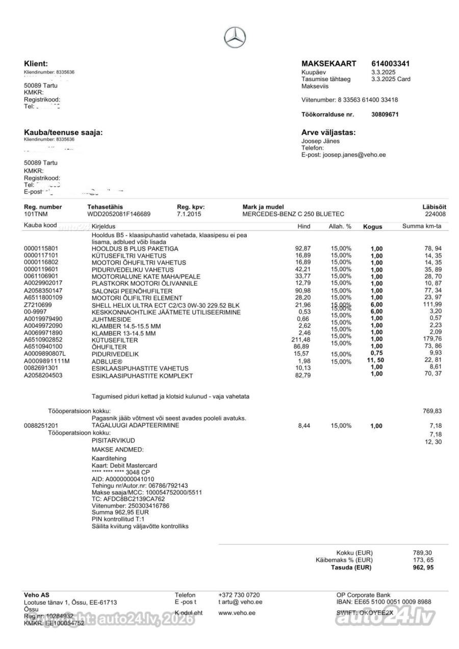 Черный Мерседес Ц-Класс 2015 в Тарту, объемом двигателя 2.10 л и пробегом 231 тыс. км за 10500 €, фото 20 на AUTOMOTO.COM.LV
