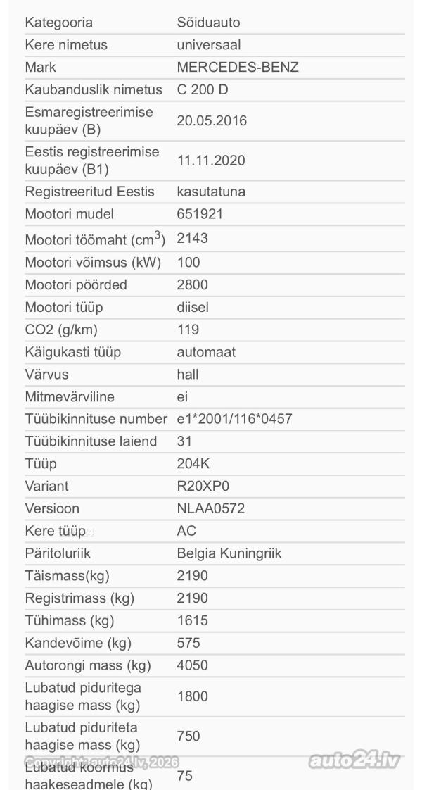 Mercedes-Benz C-Class 2016 in Tallinn, with an engine capacity of 2.10 L and mileage of 295 thousand km for 14900 €, photo 11 on AUTOMOTO.COM.LV