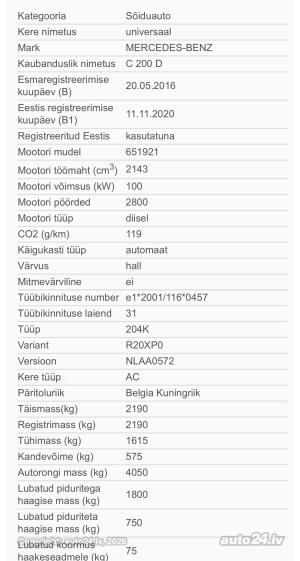 Мерседес Ц-Класс 2016 в Таллин, объемом двигателя 2.10 л и пробегом 295 тыс. км за 14900 €, фото 11 на AUTOMOTO.COM.LV