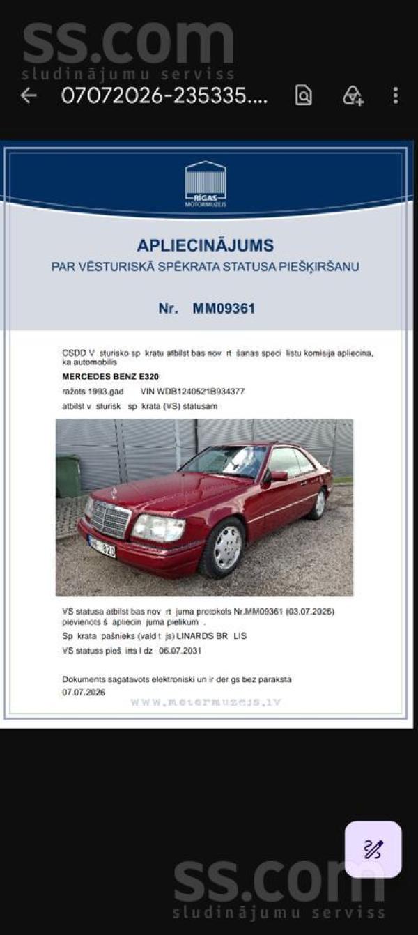 Красный Мерседес Е 320 1993 в Лиепая, объемом двигателя 3.20 л и пробегом 263 тыс. км за 8800 €, фото 6 на AUTOMOTO.COM.LV