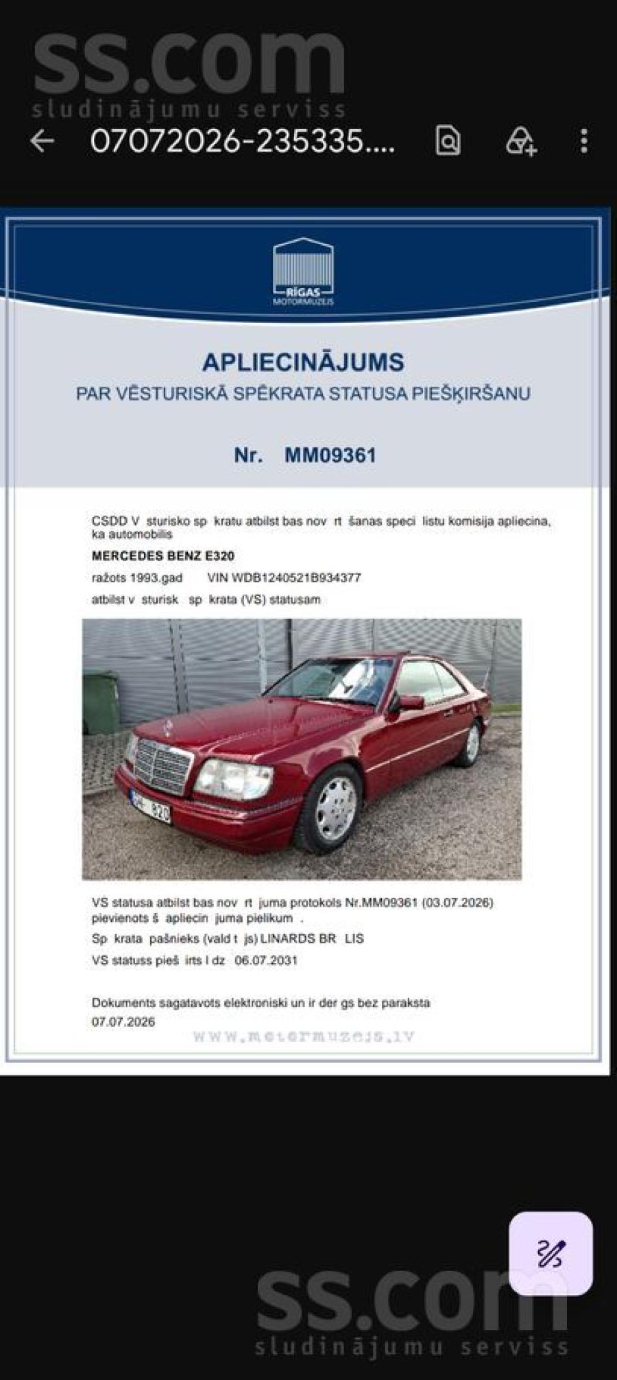 Красный Мерседес Е 320 1993 в Лиепая, объемом двигателя 3.20 л и пробегом 263 тыс. км за 8800 €, фото 7 на AUTOMOTO.COM.LV