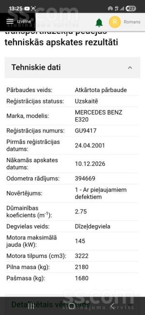 Мерседес Е 320 2001 в Рига, объемом двигателя 3.20 л и пробегом 395 тыс. км за 2650 €, фото 11 на AUTOMOTO.COM.LV