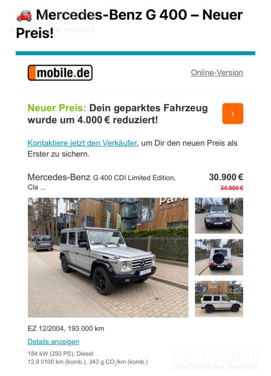 Mercedes-Benz g-400 2005 in Riga, with an engine capacity of 4.00 L and mileage of 195 thousand km for 26850 €, photo 27 on AUTOMOTO.COM.LV