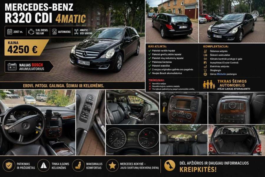 Black Mercedes-Benz R 320 2007 in Pakruojis, with an engine capacity of 2.99 L and mileage of 416 thousand km for 3350 €, photo 12 on AUTOMOTO.COM.LV