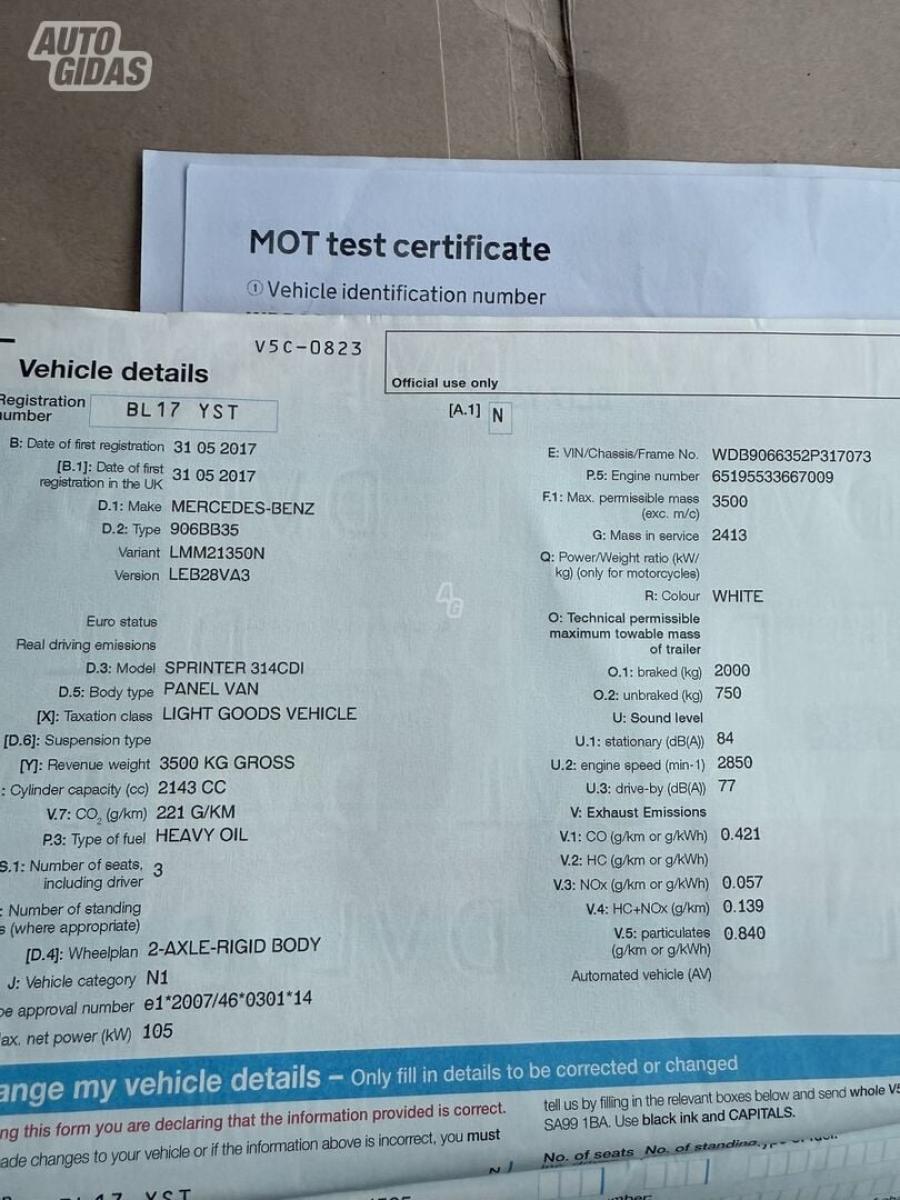 Белый Мерседес Спринтер 2017 в Вилкавишкис, объемом двигателя 2.10 л и пробегом 223 тыс. км за 7600 €, фото 15 на AUTOMOTO.COM.LV