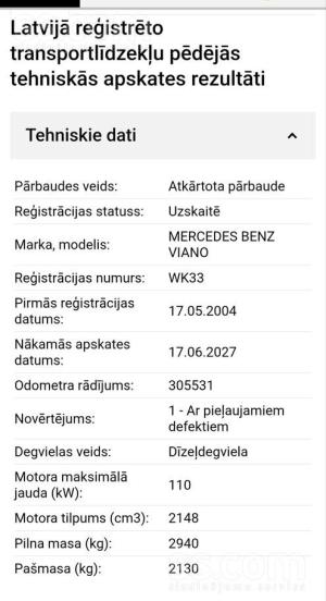 Black Mercedes-Benz Viano 2004 in Tukums, with an engine capacity of 2.20 L and mileage of 306 thousand km for 3290 €, photo 7 on AUTOMOTO.COM.LV