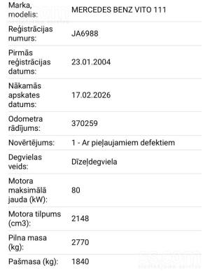 Mercedes-Benz Vito 2004 in Riga, with an engine capacity of 2.20 L and mileage of 370 thousand km for 2500 €, photo 10 on AUTOMOTO.COM.LV