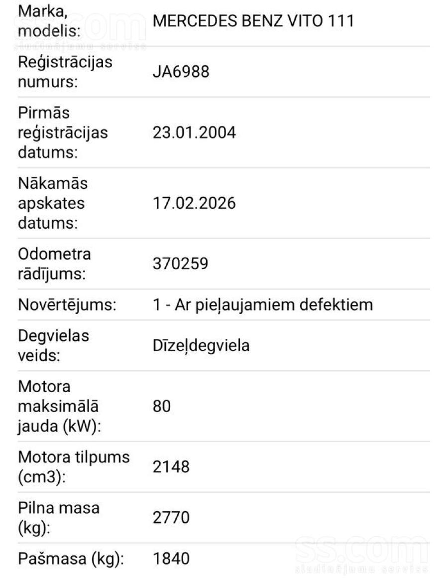 Mercedes-Benz Vito 2004 in Riga, with an engine capacity of 2.20 L and mileage of 370 thousand km for 2500 €, photo 10 on AUTOMOTO.COM.LV