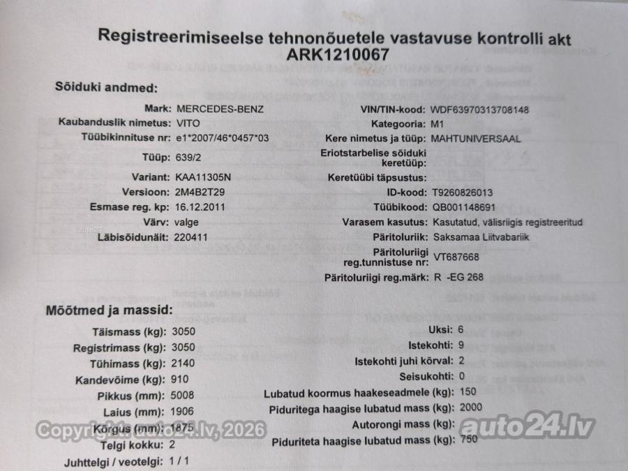 Balts Mercedes-Benz Vito 2011 Tartu, ar dzinēja tilpumu 2.10 L un nobraukumu 220 tūkst. km par 10490 €, foto 13 vietnē AUTOMOTO.COM.LV