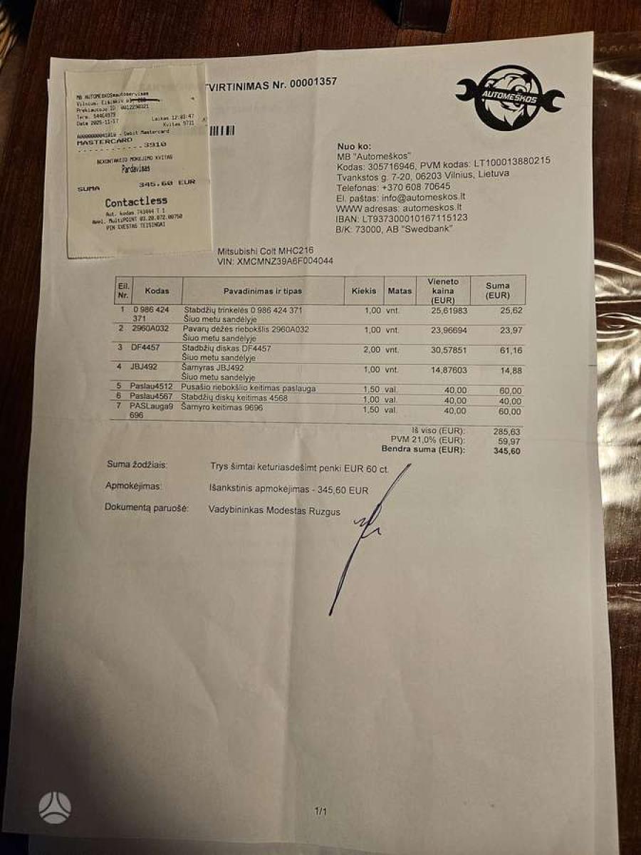 Зеленый Мицубиси Кольт 2005 в Вильнюс, объемом двигателя 1.49 л и пробегом 318 тыс. км за 1200 €, фото 16 на AUTOMOTO.COM.LV