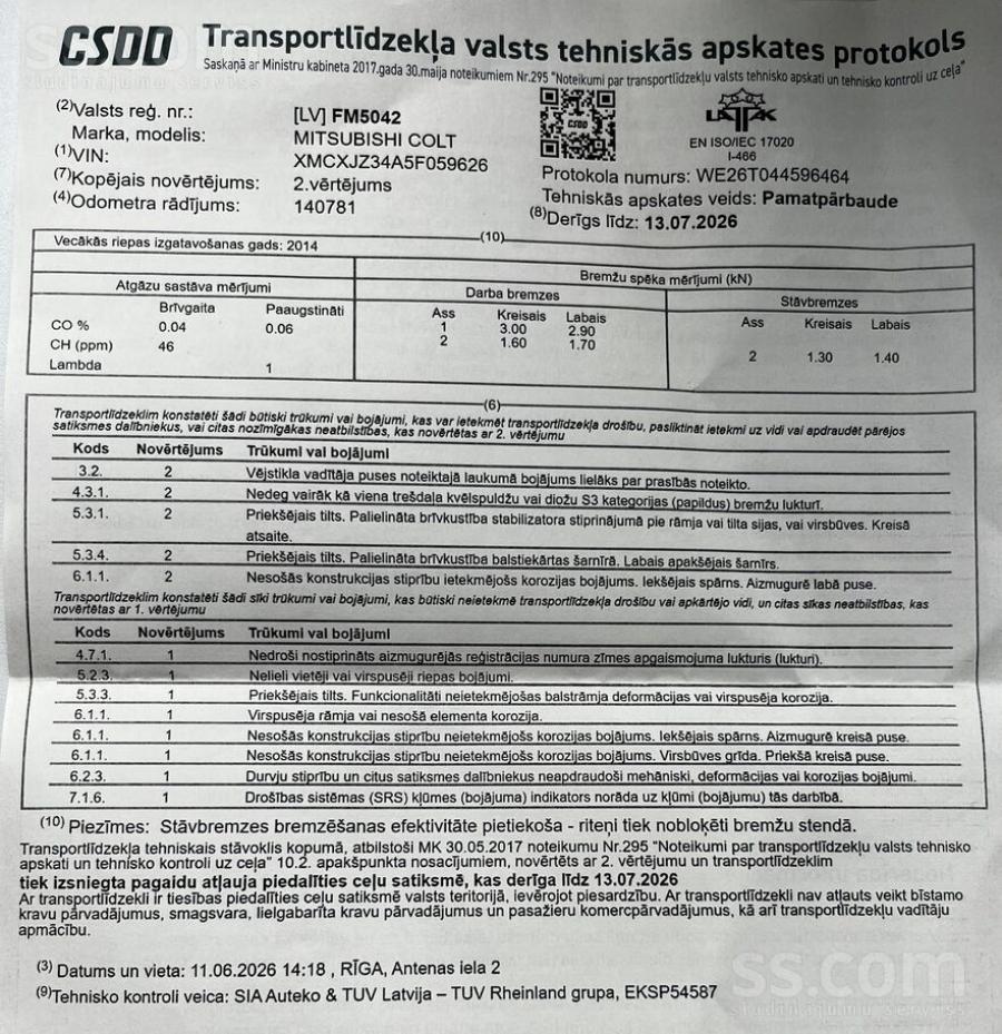 Красный Мицубиси Кольт 2025 в Рига, объемом двигателя 1.30 л и пробегом 141 тыс. км за 700 €, фото 9 на AUTOMOTO.COM.LV