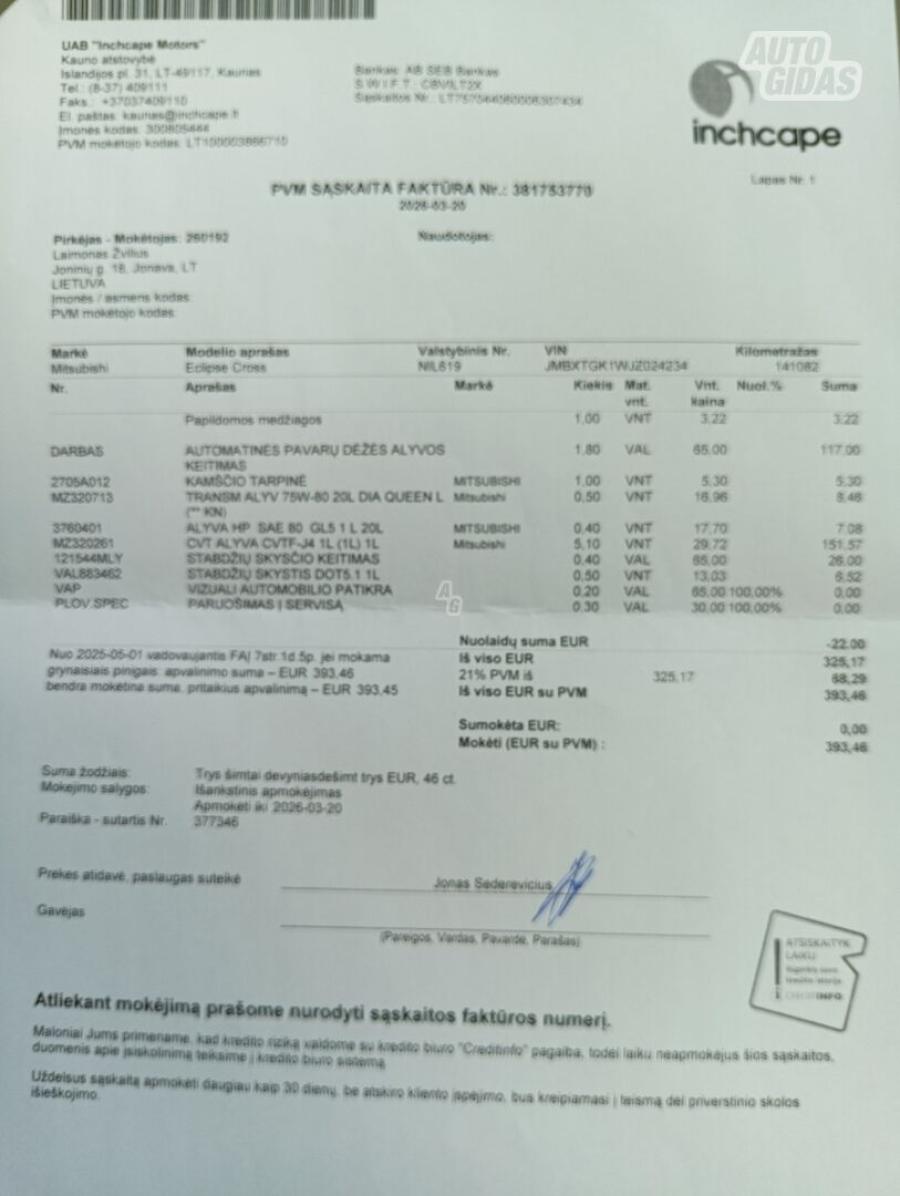 Red Mitsubishi Eclipse Cross 2018 in Jonava, with an engine capacity of 1.50 L and mileage of 144 thousand km for 12500 €, photo 10 on AUTOMOTO.COM.LV
