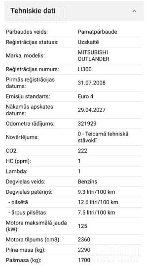 Grey Mitsubishi Outlander 2008 in Riga, with an engine capacity of 2.40 L and mileage of 322 thousand km for 8500 €, photo 23 on AUTOMOTO.COM.LV