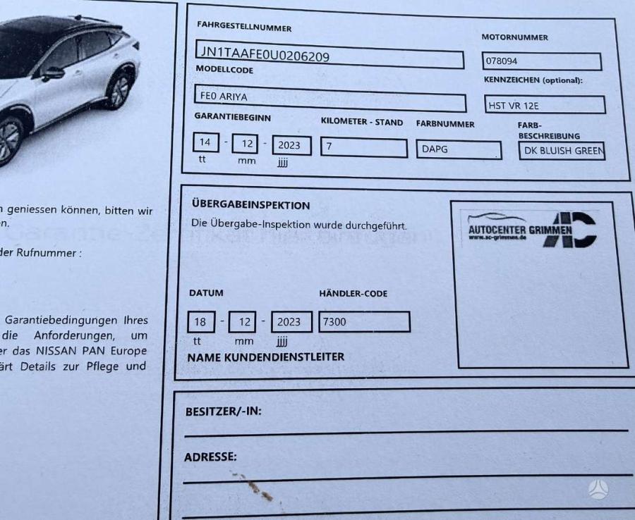 Green Nissan Ariya 2023 in Siauliai, with an engine capacity of 0.00 L and mileage of 31 thousand km for 22900 €, photo 34 on AUTOMOTO.COM.LV