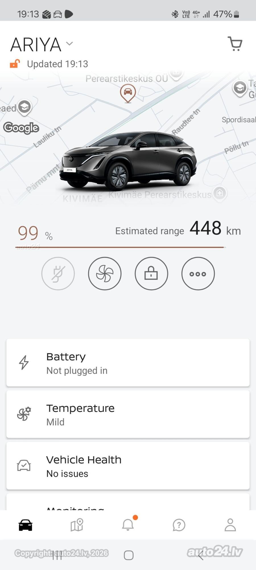 Grey Nissan Ariya 2022 in Tallinn, with an engine capacity of 0.00 L and mileage of 93 thousand km for 26990 €, photo 15 on AUTOMOTO.COM.LV