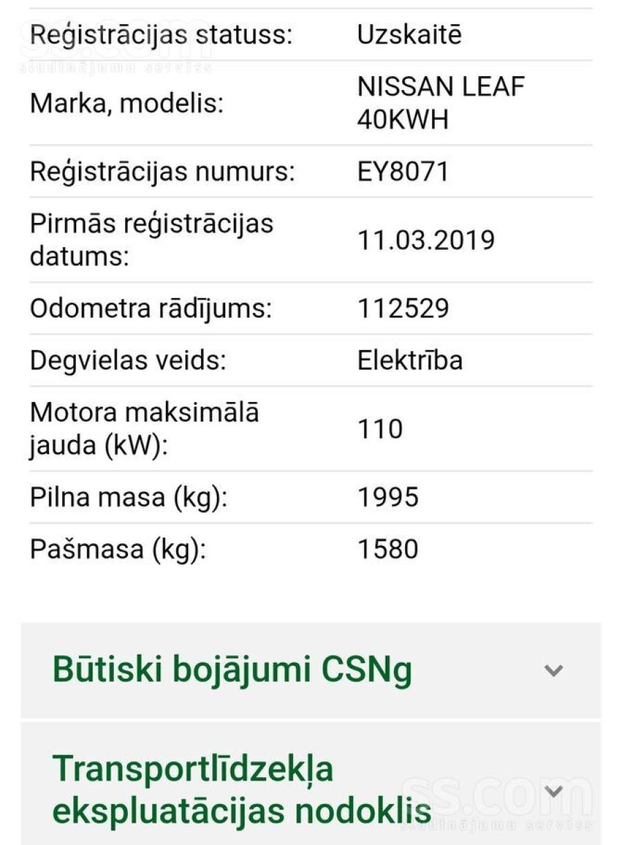 Grey Nissan Leaf 2019 in Riga, with an engine capacity of 0.00 L and mileage of 0 thousand km for 1122 €, photo 22 on AUTOMOTO.COM.LV