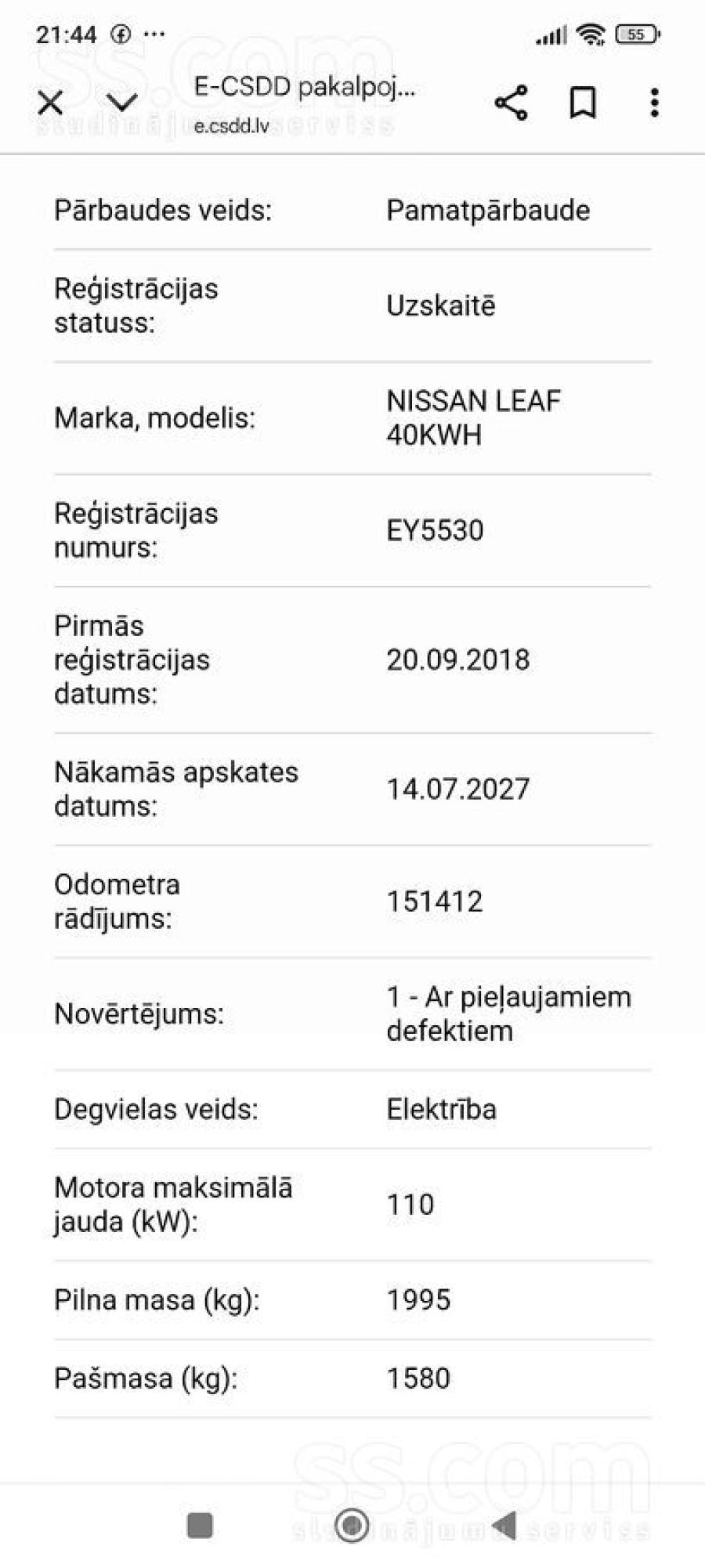 White Nissan Leaf 2018 in Riga, with an engine capacity of 0.00 L and mileage of 154 thousand km for 9930 €, photo 16 on AUTOMOTO.COM.LV