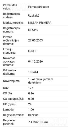 Grey Nissan Primera 2004 in Jurmala, with an engine capacity of 1.80 L and mileage of 188 thousand km for 1990 €, photo 29 on AUTOMOTO.COM.LV