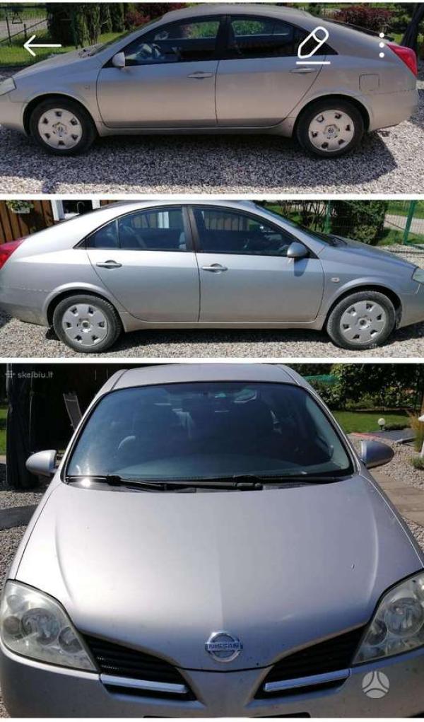 Pelēks Nissan Primera 2005 Viļņa, ar dzinēja tilpumu 1.87 L un nobraukumu 268 tūkst. km par 1100 €, foto 1 vietnē AUTOMOTO.COM.LV