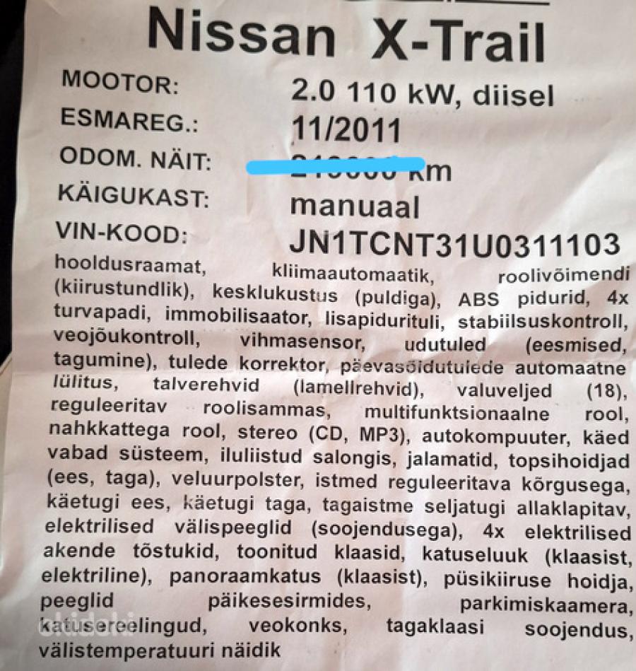 Grey Nissan X-Trail 2011 in Valga, with an engine capacity of 0.11 L and mileage of 267 thousand km for 7200 €, photo 10 on AUTOMOTO.COM.LV