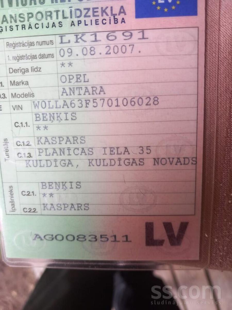 Black Opel Antara 2007 in Kuldiga, with an engine capacity of 1.90 L and mileage of 240 thousand km for 1700 €, photo 6 on AUTOMOTO.COM.LV