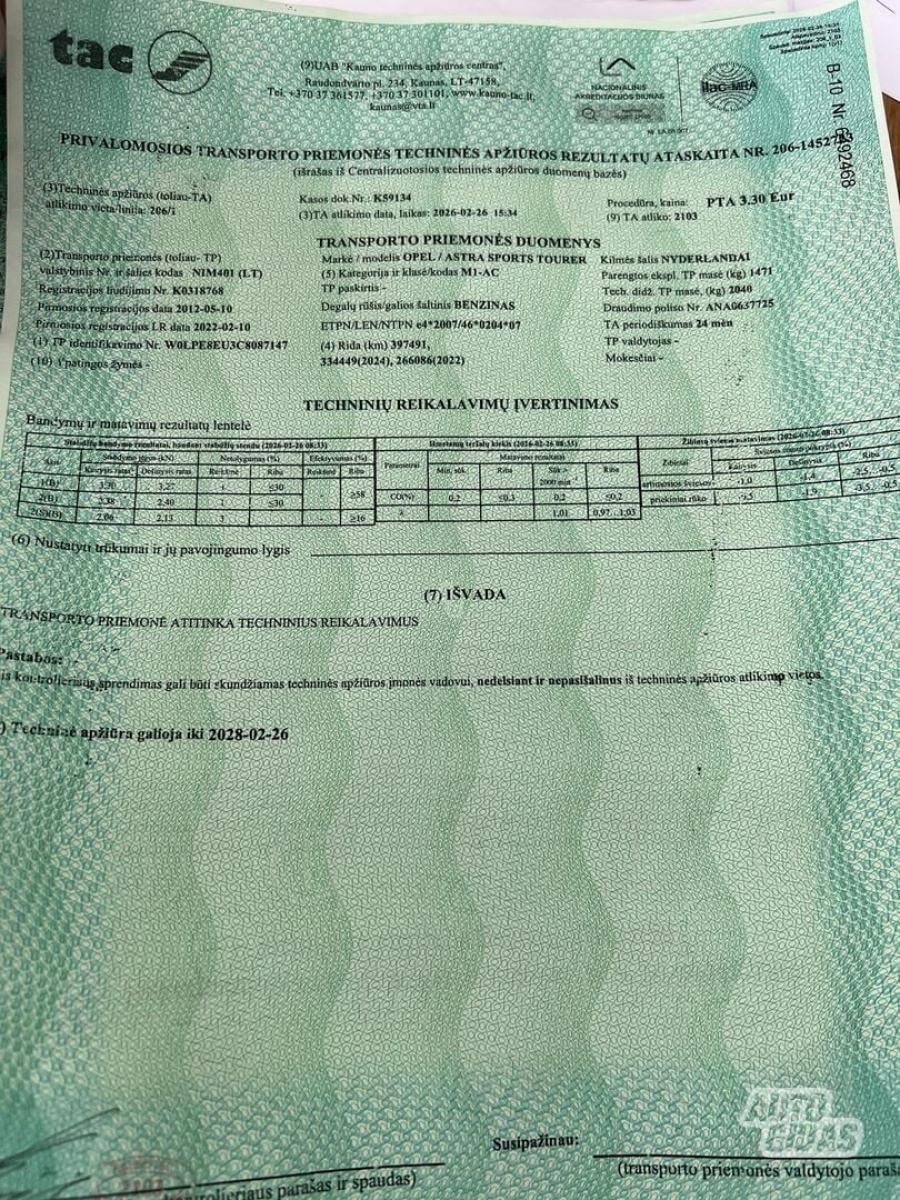 Синий Опель Астра 2012 в Каунас, объемом двигателя 1.40 л и пробегом 416 тыс. км за 1750 €, фото 13 на AUTOMOTO.COM.LV