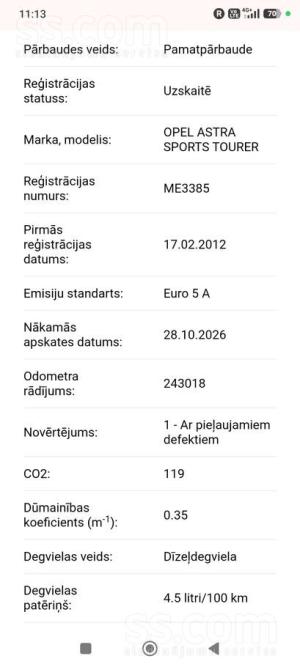 Grey Opel Astra 2012 in Jelgava, with an engine capacity of 1.70 L and mileage of 250 thousand km for 3250 €, photo 13 on AUTOMOTO.COM.LV