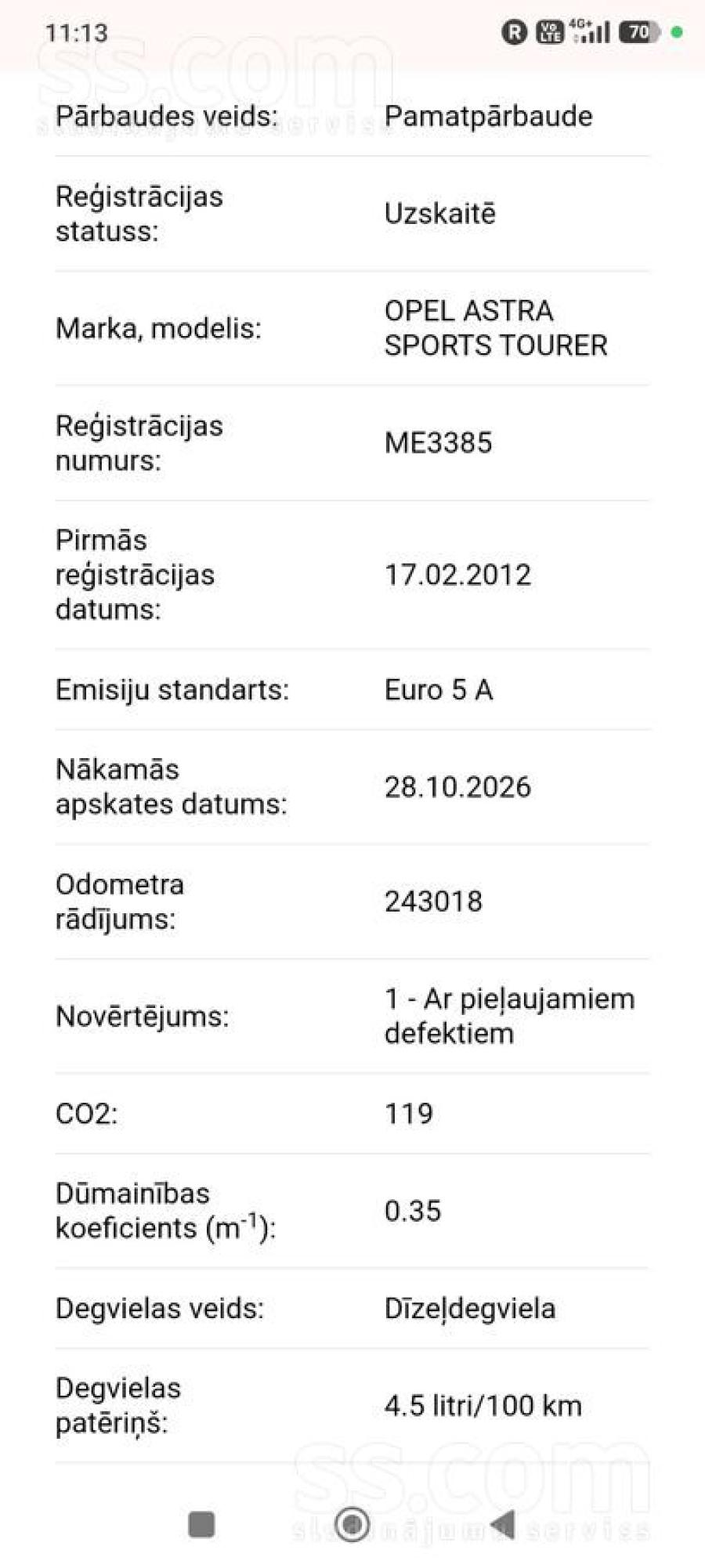 Grey Opel Astra 2012 in Jelgava, with an engine capacity of 1.70 L and mileage of 250 thousand km for 3250 €, photo 13 on AUTOMOTO.COM.LV