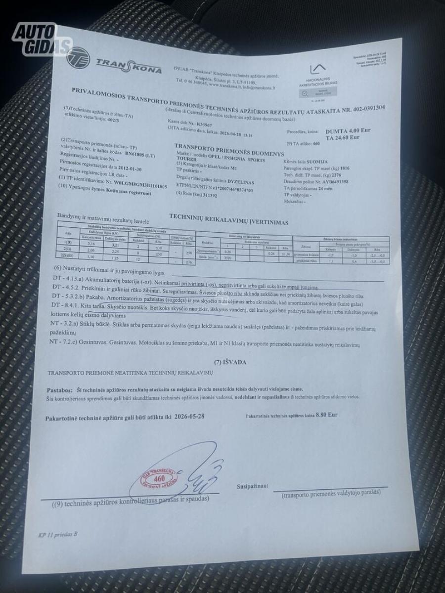 Opel Insignia 2012 in Klaipeda, with an engine capacity of 2.00 L and mileage of 312 thousand km for 3700 €, photo 16 on AUTOMOTO.COM.LV