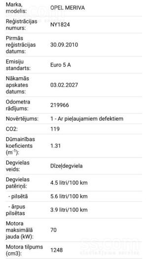 Blue Opel Meriva 2010 in Riga, with an engine capacity of 1.30 L and mileage of 220 thousand km for 2300 €, photo 20 on AUTOMOTO.COM.LV