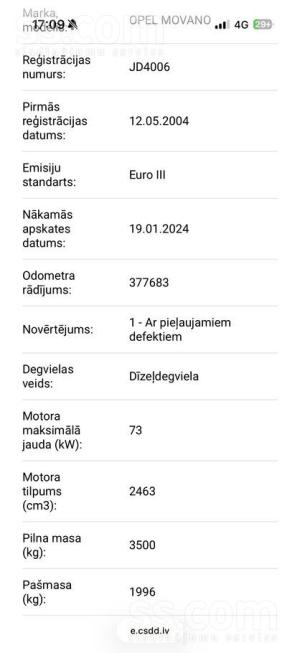 White Opel Movano 2004 in Riga, with an engine capacity of 2.50 L and mileage of 380 thousand km for 1000 €, photo 6 on AUTOMOTO.COM.LV