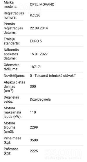 Balts Opel Movano 2014 Liepāja, ar dzinēja tilpumu 2.30 L un nobraukumu 192 tūkst. km par 8900 €, foto 24 vietnē AUTOMOTO.COM.LV