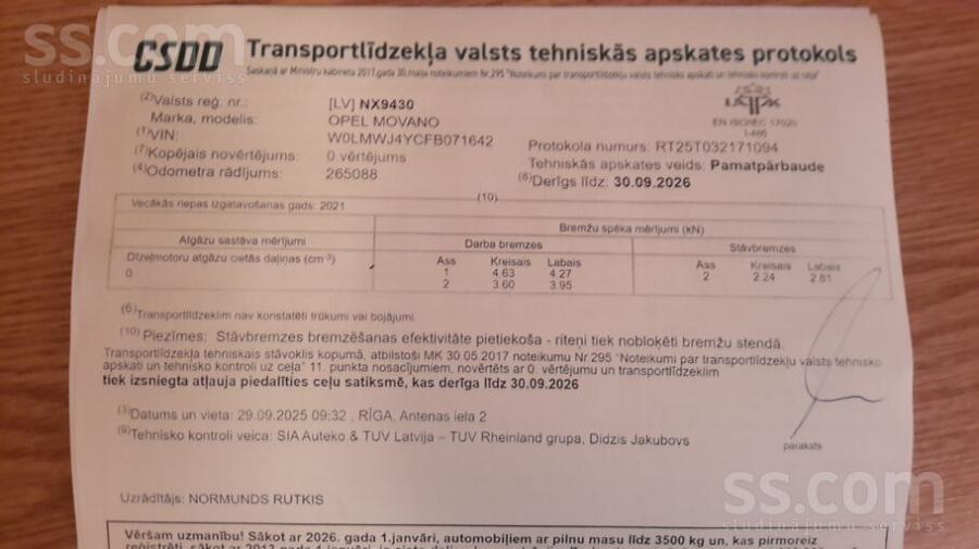 White Opel Movano 2015 in Riga, with an engine capacity of 2.30 L and mileage of 258 thousand km for 11900 €, photo 12 on AUTOMOTO.COM.LV