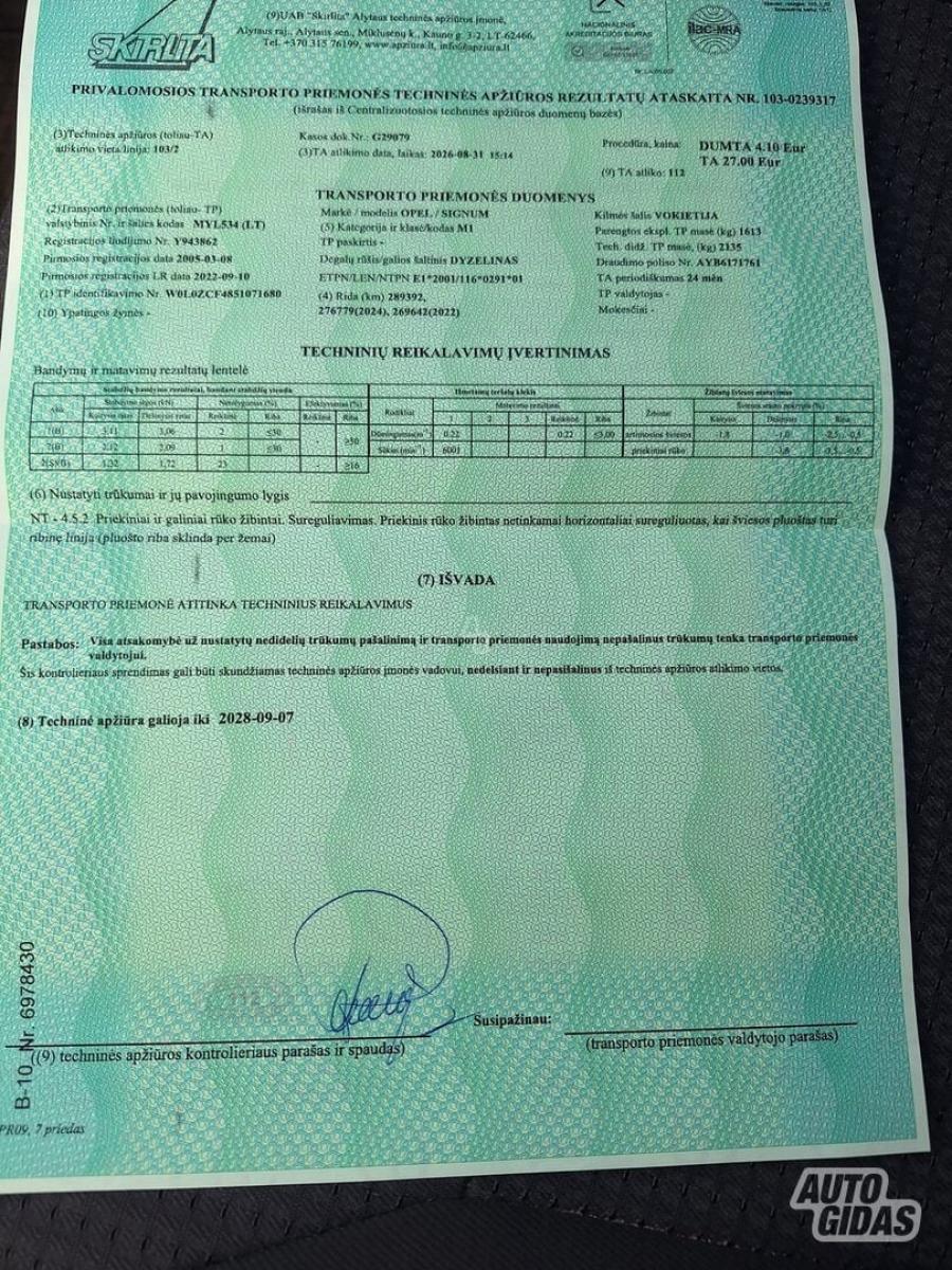 Синий Опель Сигнум 2005 в Бирштонас, объемом двигателя 1.90 л и пробегом 290 тыс. км за 1450 €, фото 11 на AUTOMOTO.COM.LV