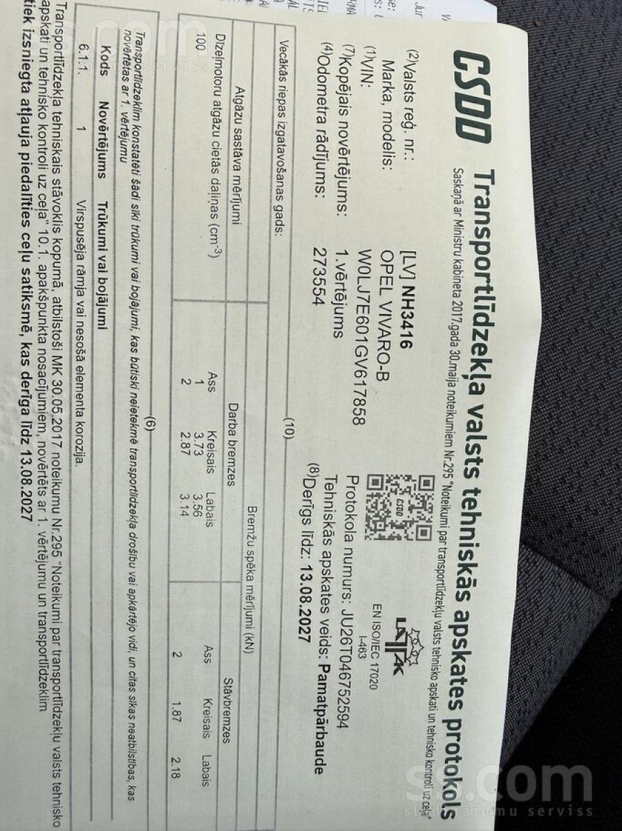 White Opel Vivaro 2016 in Riga, with an engine capacity of 1.60 L and mileage of 274 thousand km for 8500 €, photo 12 on AUTOMOTO.COM.LV