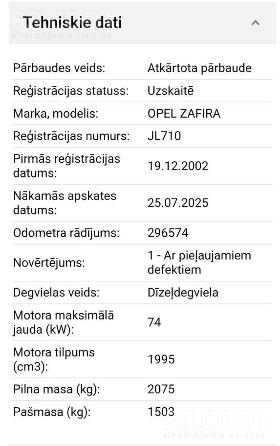 Grey Opel Zafira 2002 in Aizkraukle, with an engine capacity of 2.00 L and mileage of 300 thousand km for 400 €, photo 4 on AUTOMOTO.COM.LV