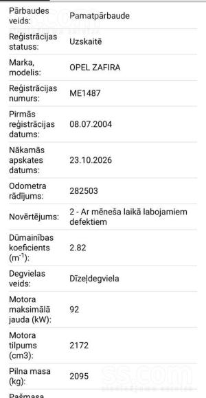 Grey Opel Zafira 2004 in Riga, with an engine capacity of 2.20 L and mileage of 283 thousand km for 500 €, photo 20 on AUTOMOTO.COM.LV