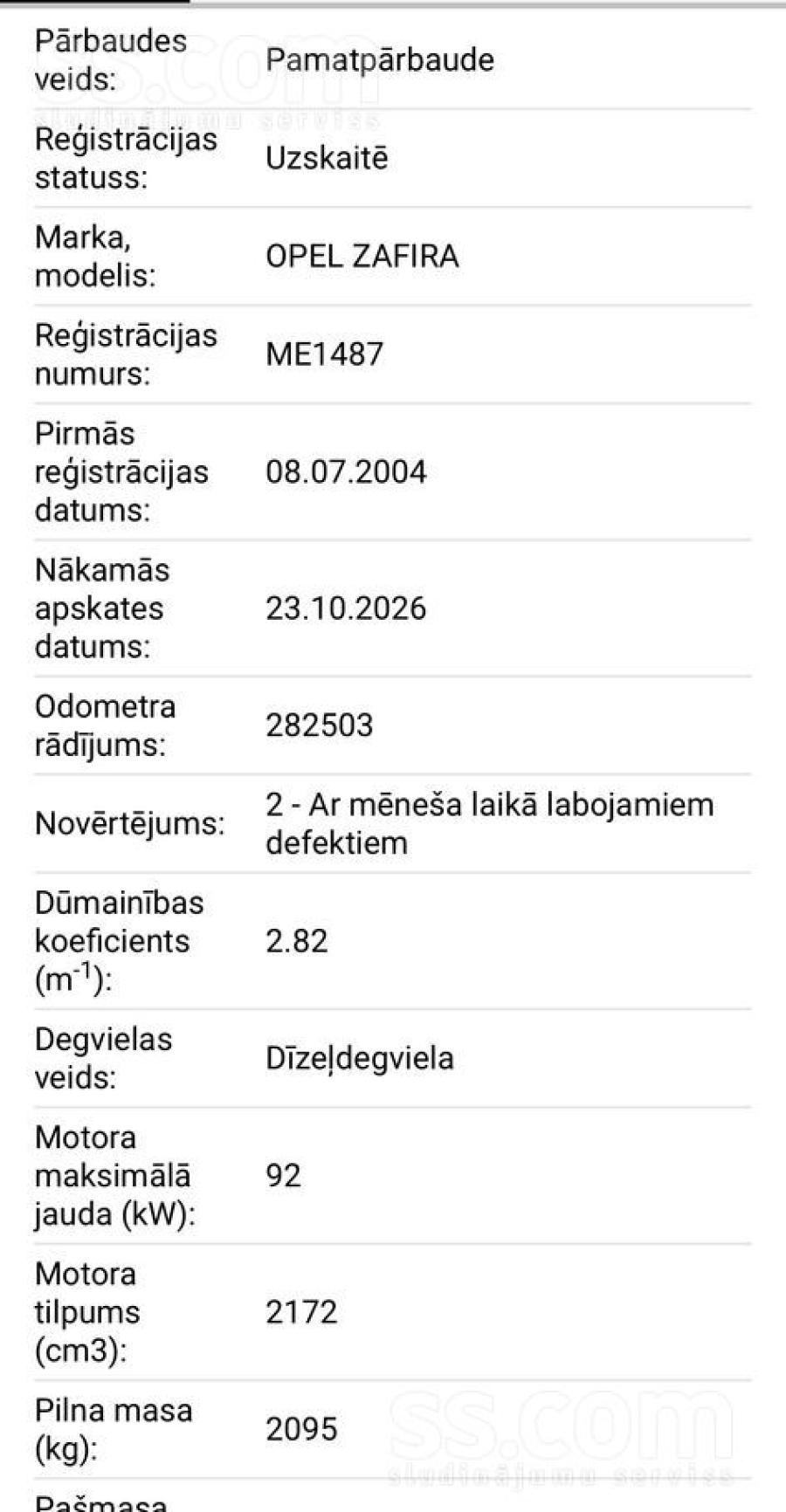 Grey Opel Zafira 2004 in Riga, with an engine capacity of 2.20 L and mileage of 283 thousand km for 500 €, photo 20 on AUTOMOTO.COM.LV