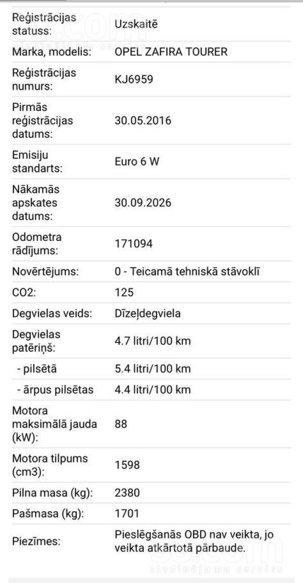 White Opel Zafira 2016 in Riga, with an engine capacity of 1.60 L and mileage of 175 thousand km for 7000 €, photo 10 on AUTOMOTO.COM.LV