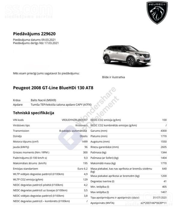 Balts Peugeot 2008 2021 Liepāja, ar dzinēja tilpumu 1.50 L un nobraukumu 37 tūkst. km par 19000 €, foto 9 vietnē AUTOMOTO.COM.LV