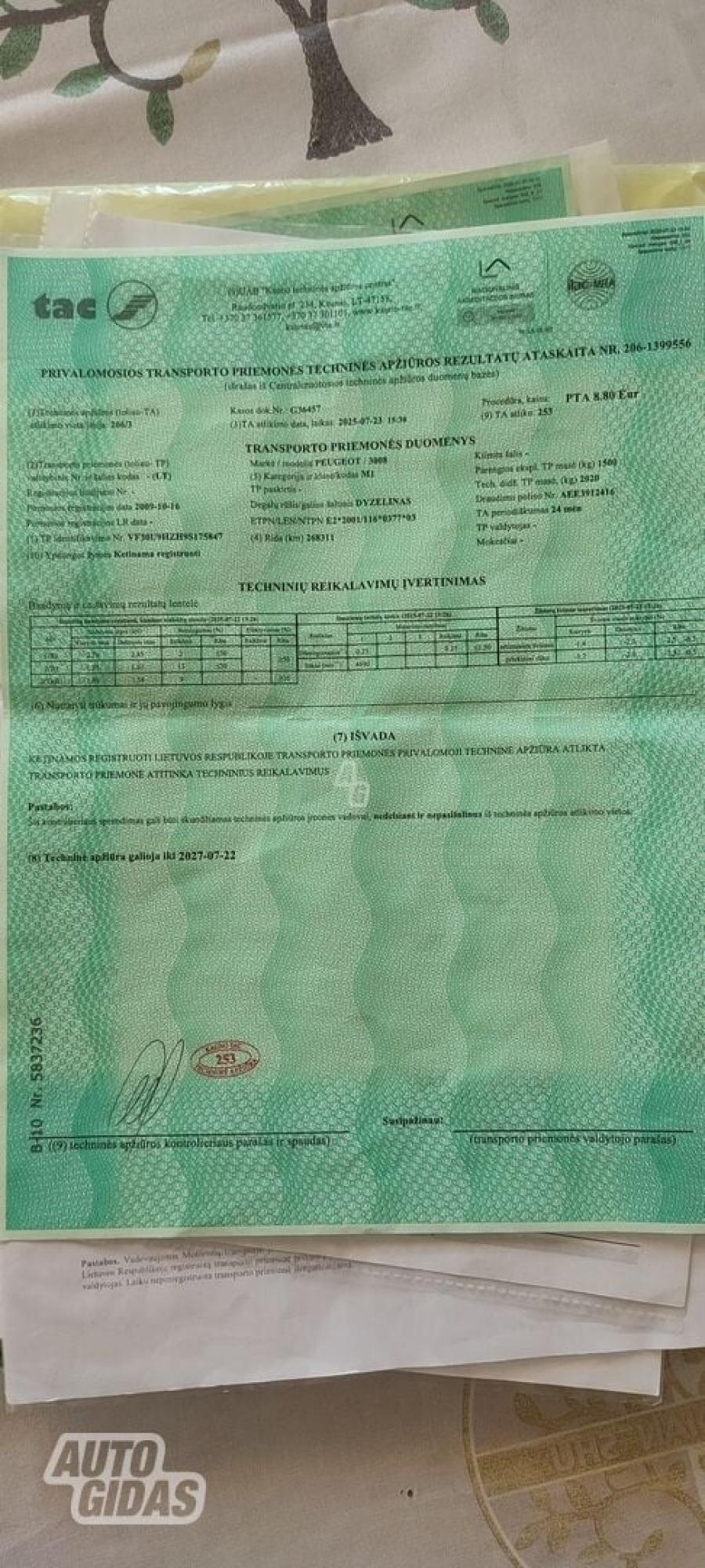 Пежо 3008 2009 в Кельме, объемом двигателя 1.60 л и пробегом 274 тыс. км за 2500 €, фото 6 на AUTOMOTO.COM.LV