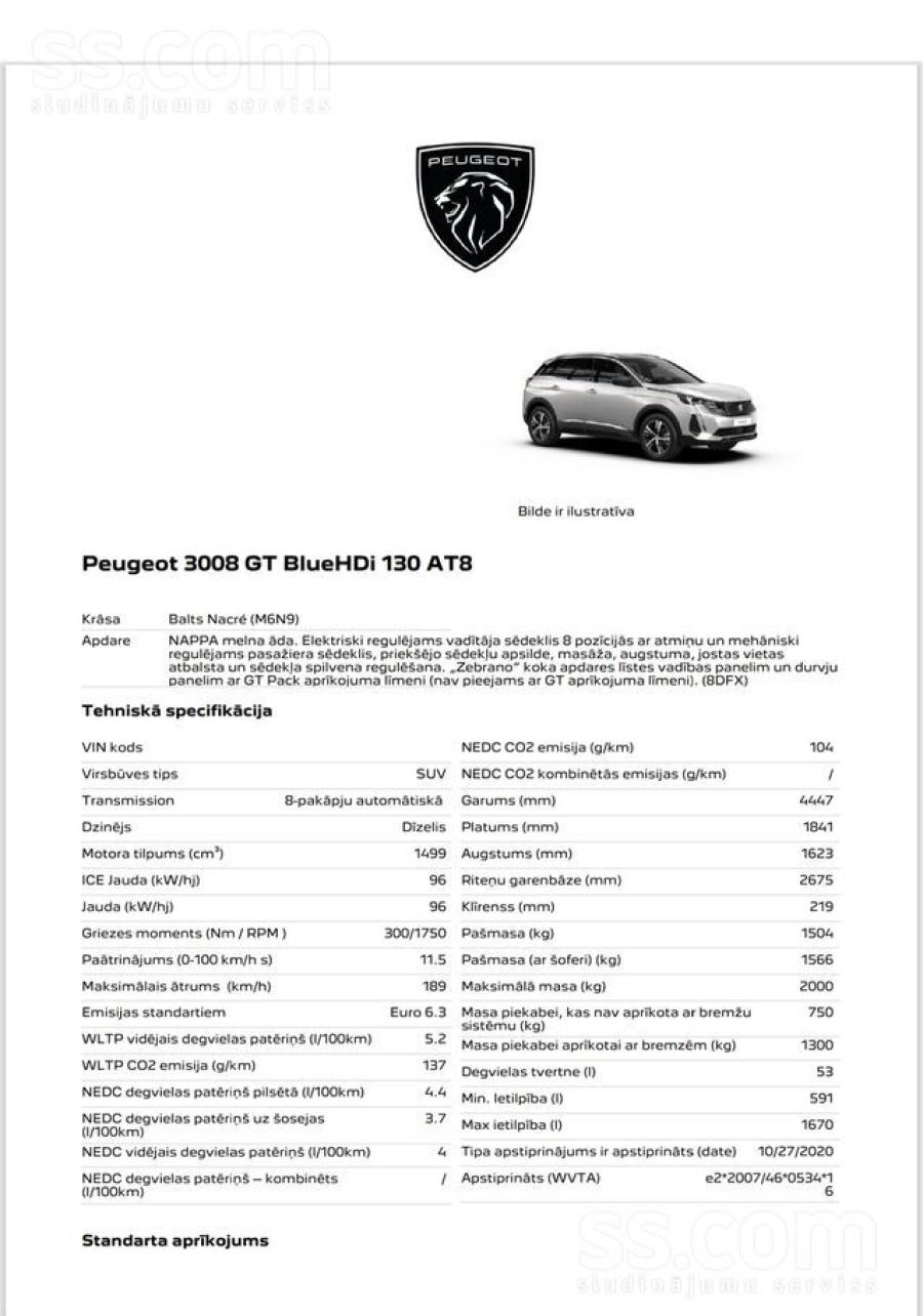 White Peugeot 3008 2022 in Riga, with an engine capacity of 1.50 L and mileage of 37 thousand km for 25500 €, photo 17 on AUTOMOTO.COM.LV