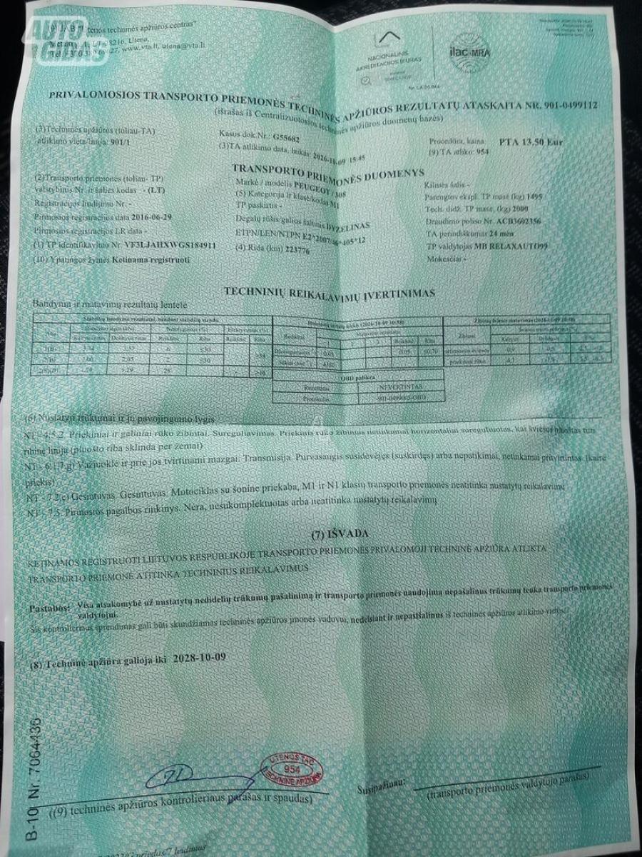Серый Пежо 308 2016 в Утена, объемом двигателя 2.00 л и пробегом 223 тыс. км за 6300 €, фото 7 на AUTOMOTO.COM.LV
