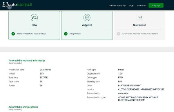 Серый Пежо 308 2021 в Утена, объемом двигателя 1.20 л и пробегом 147 тыс. км за 9500 €, фото 2 на AUTOMOTO.COM.LV